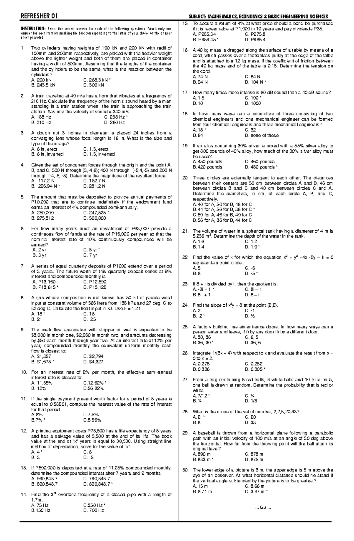 Pdfcoffee - Refresher - REFRESHER 01 SUBJECT: MATHEMATICS, ECONOMICS & BASIC ENGINEERING - Studocu