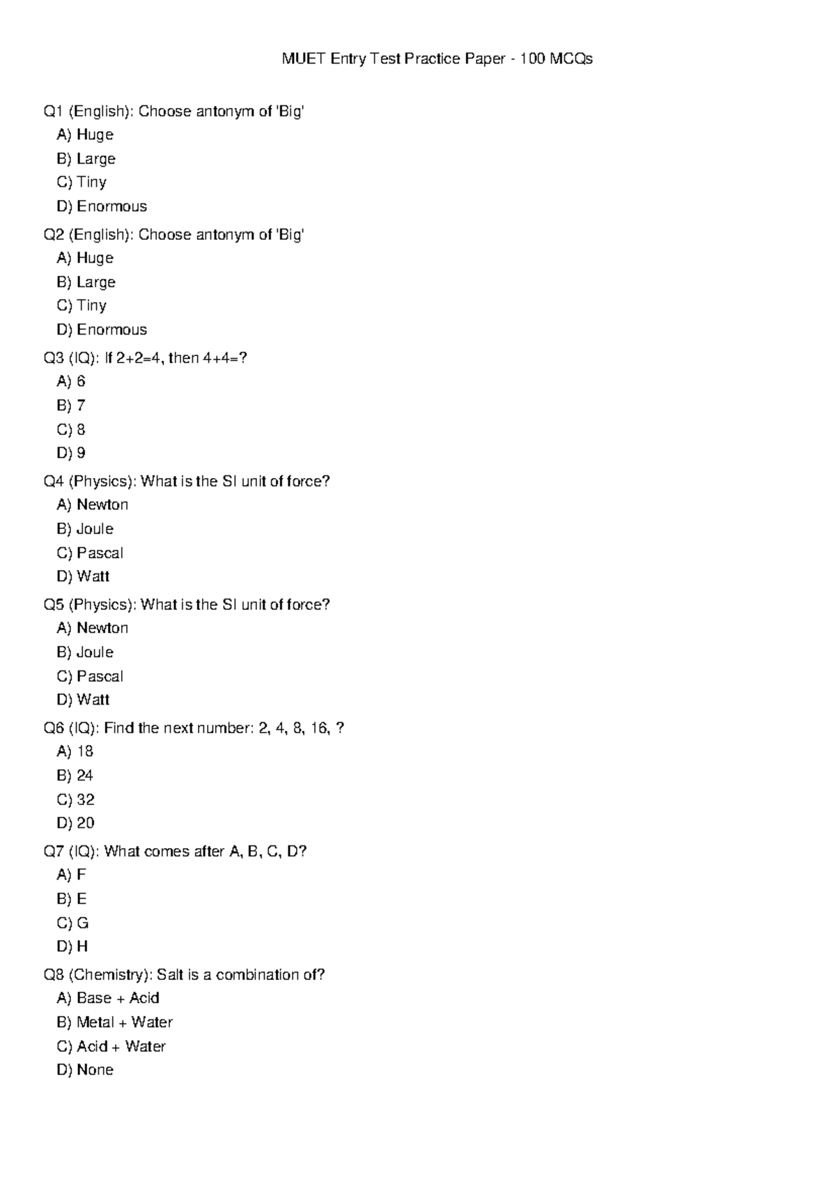 MUET Entry Test 100 MCQ Practice Paper - Studocu