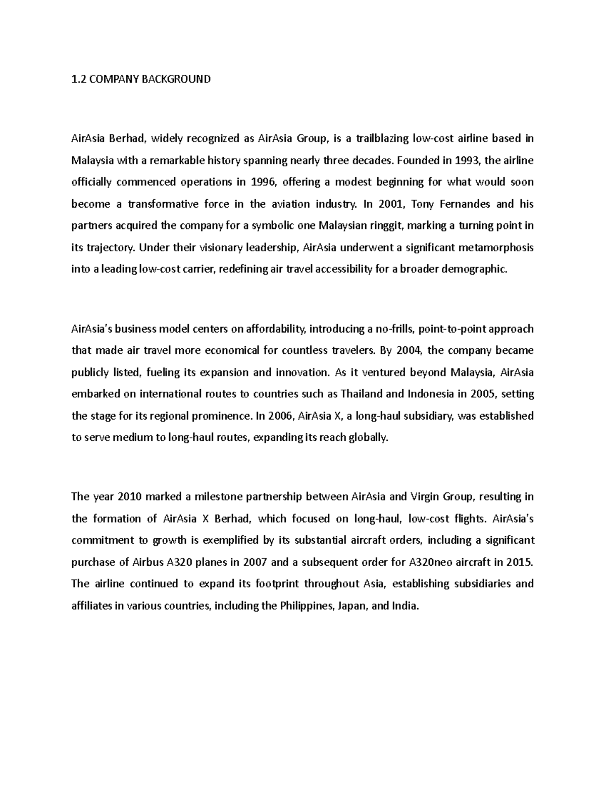Company Background: AirAsia's Journey as a Low-Cost Airline - Studocu