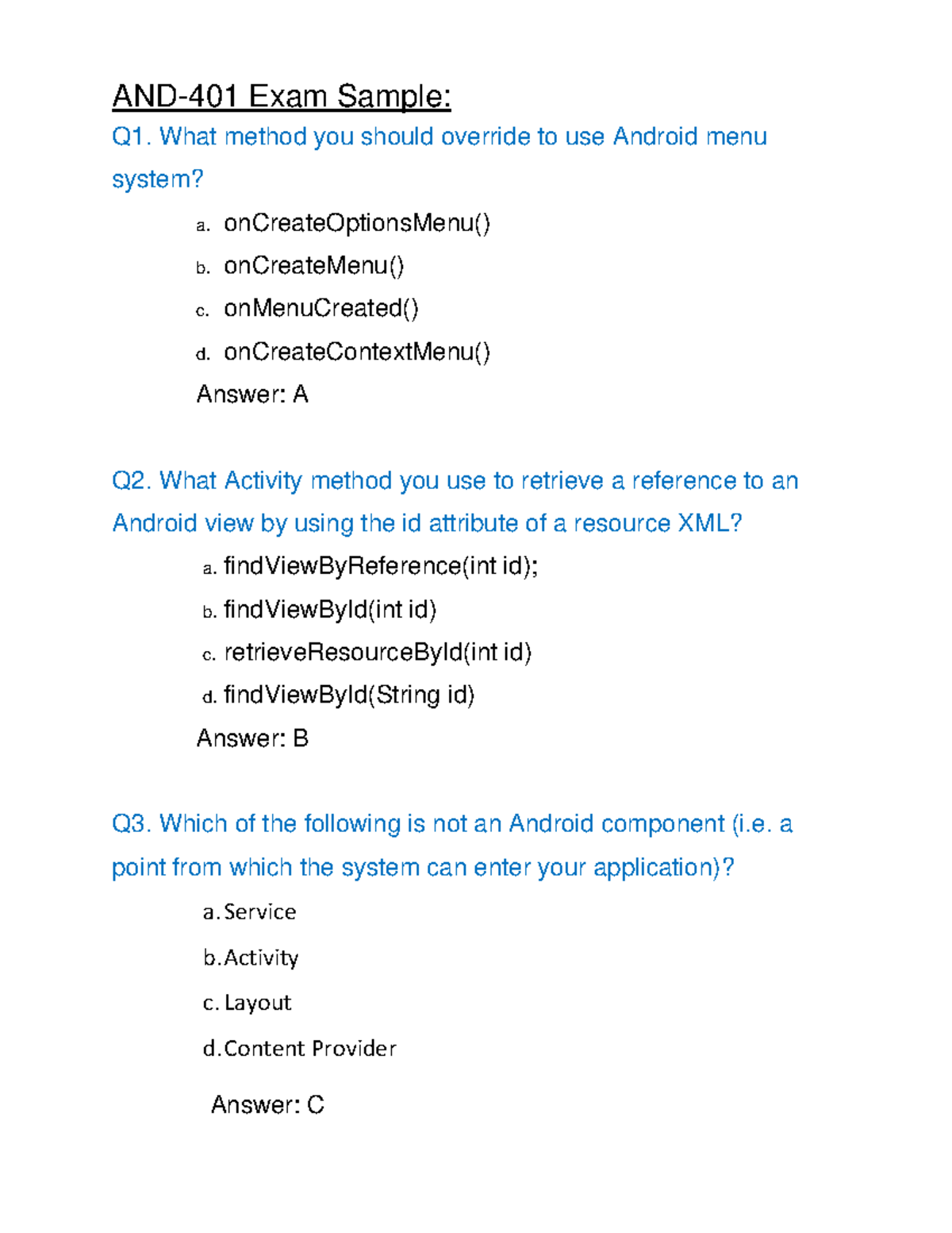 AND-401 Exam Sample Study Notes: Key Android Concepts & Questions - Studocu