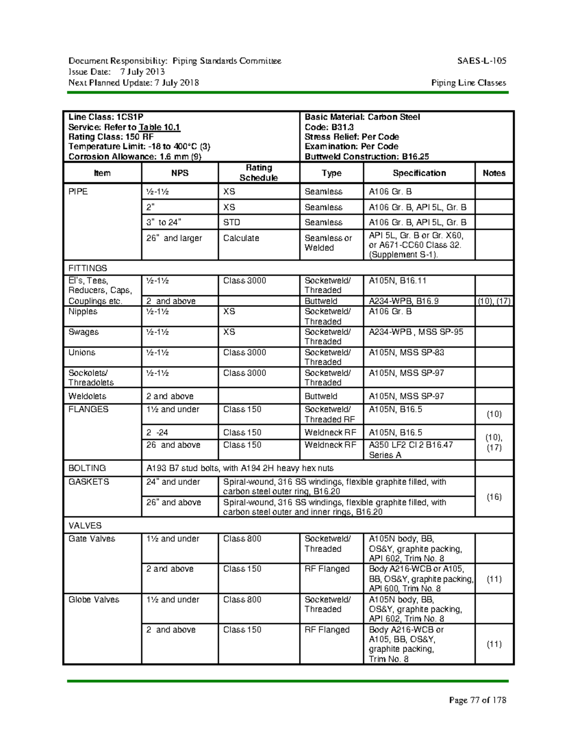 SAES-L-105 Piping Line Class 1CS1P Standards and Specifications - Studocu