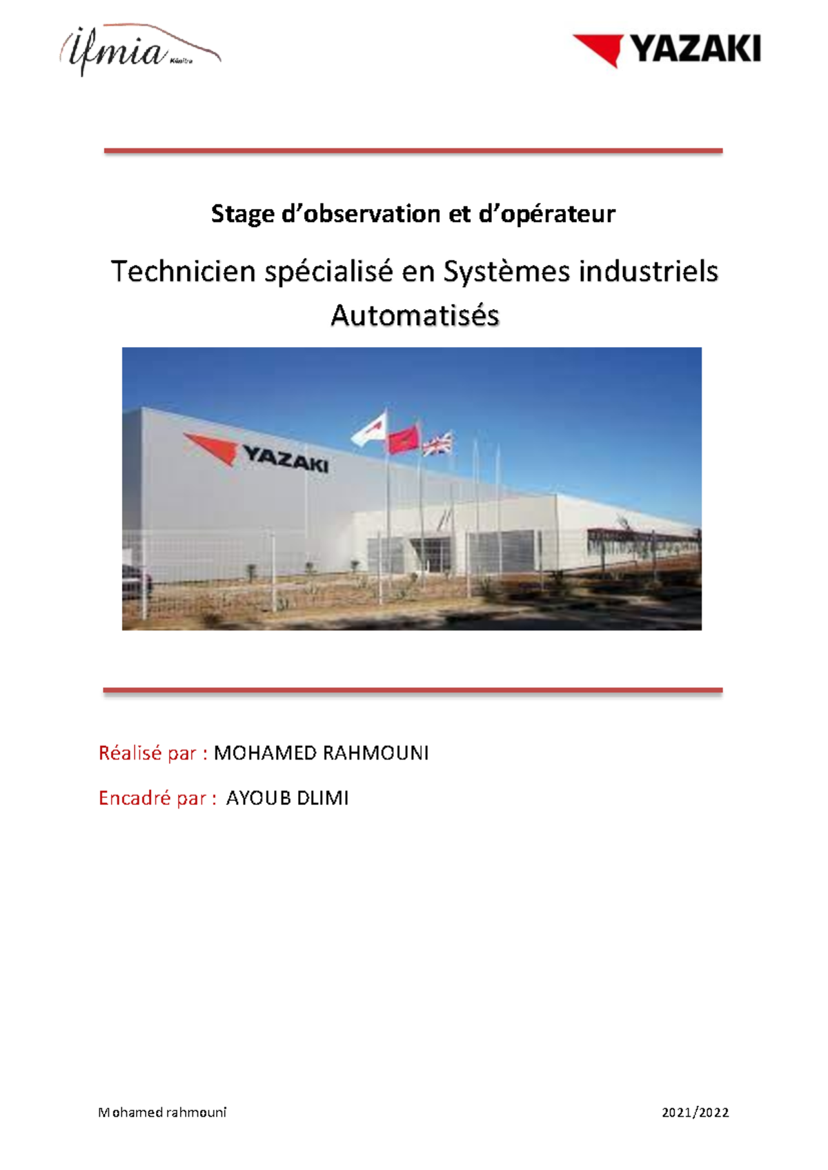Rapport de Stage - YAZAKI Kenitra (Technicien Spécialisé) - Studocu