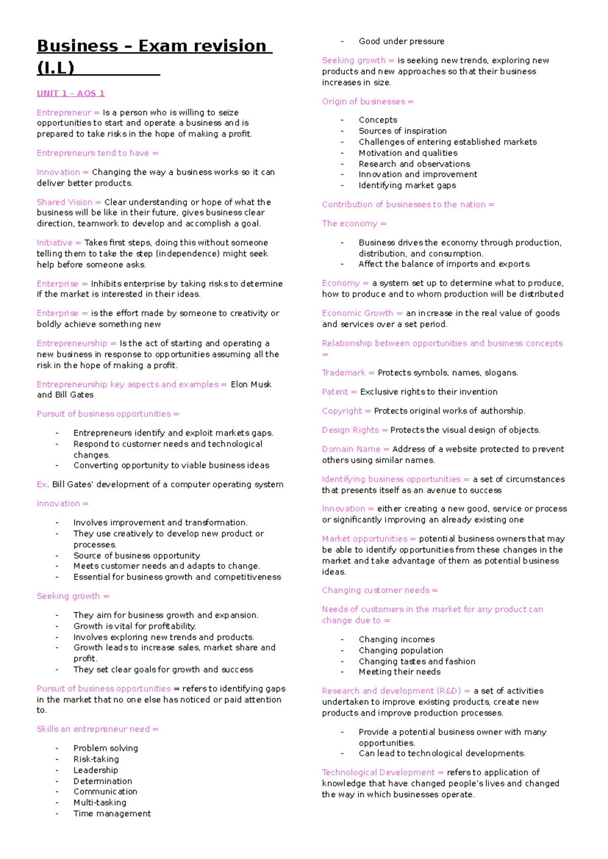 EXAM Revision 10.41.23 AM - Business – Exam revision (I) UNIT 1 – AOS 1 ...