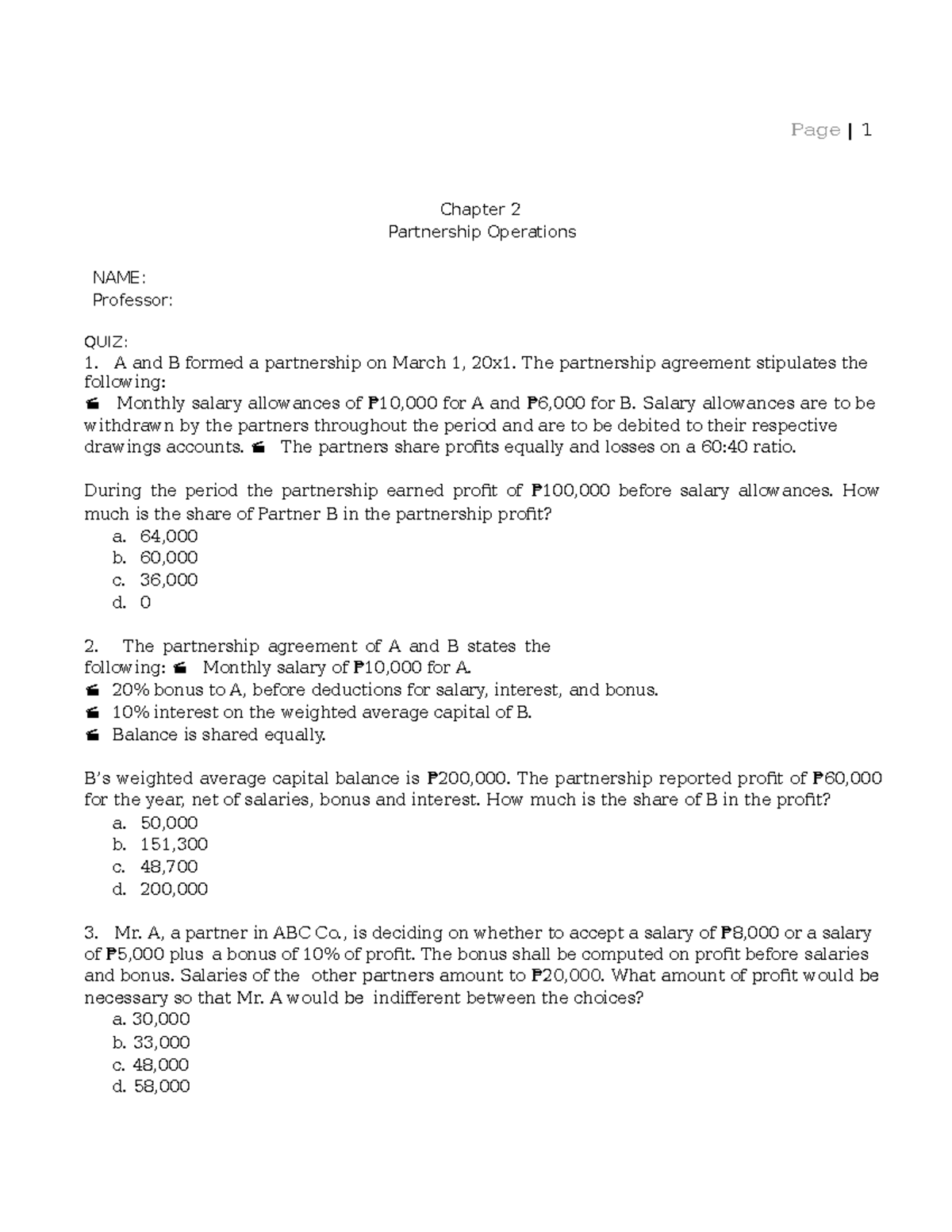 Chapter 2: Partnership Operations Quiz #2 Solutions and Analysis - Studocu