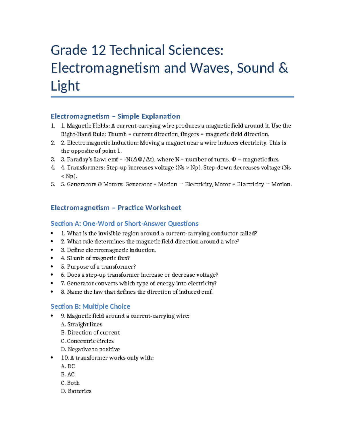 Grade 12 Technical Sciences: Electromagnetism & Waves Notes - Studocu
