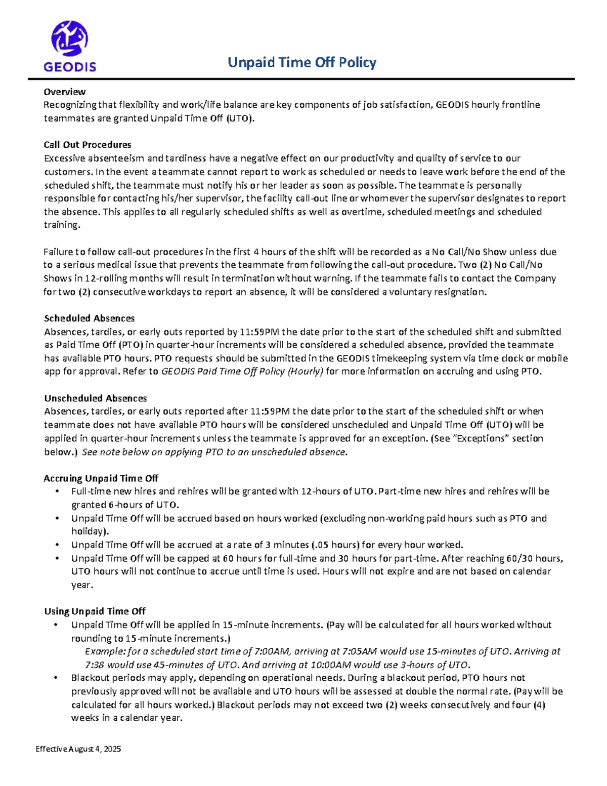 Unpaid Time Off Policy Overview - GEODIS - Effective 08/04/2025 - Studocu