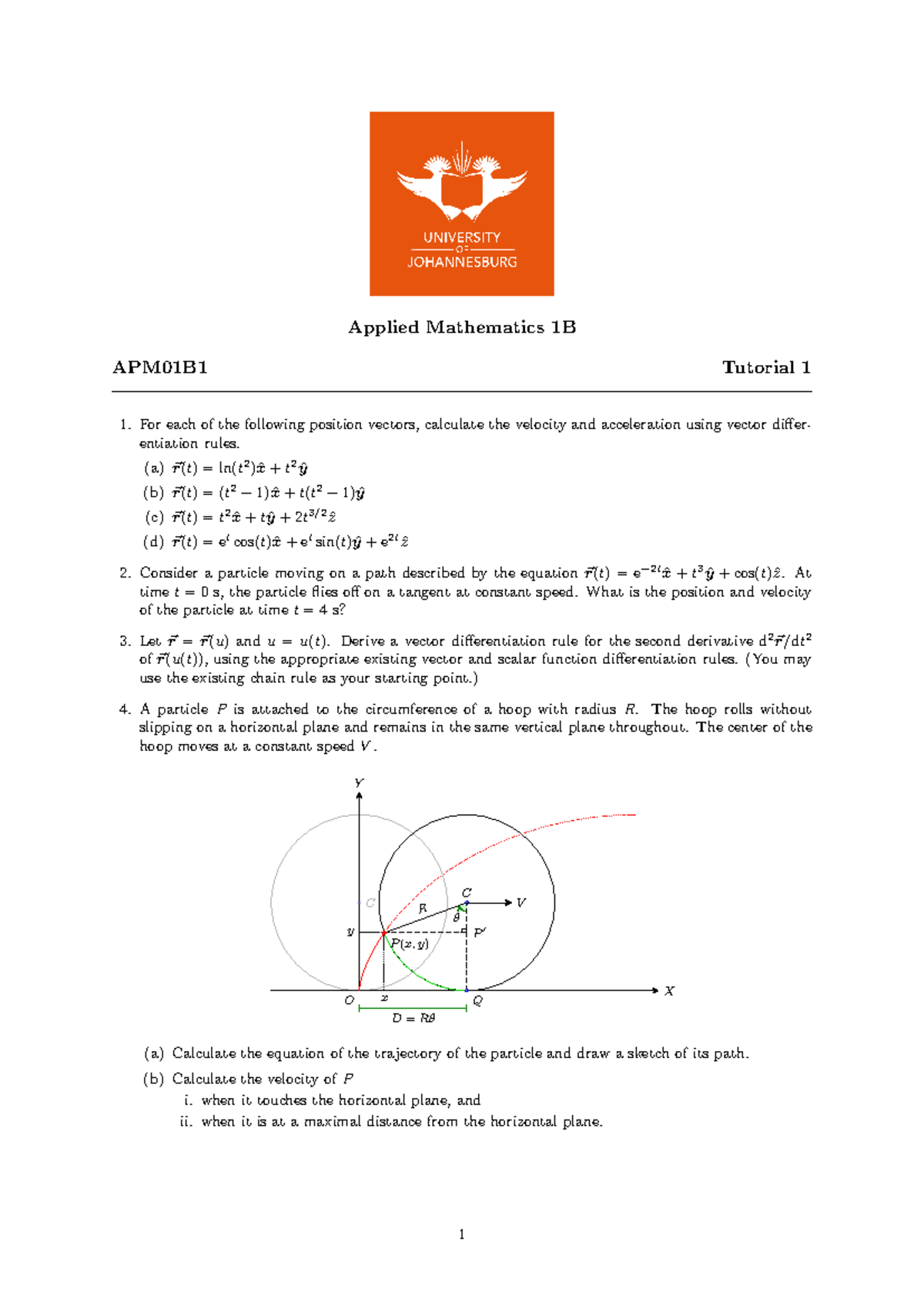 APM01B Tutorial 1: Vector Differentiation & Motion Analysis Questions ...