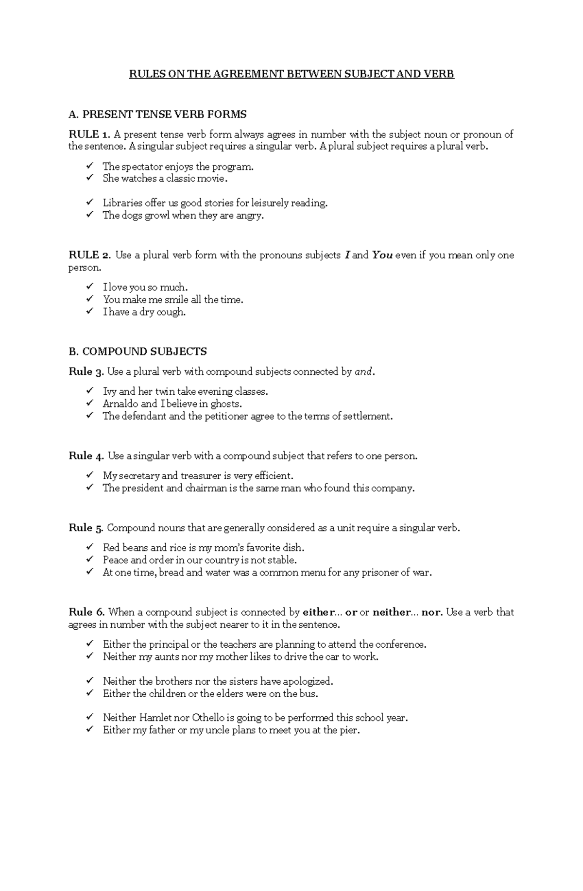 S-V Agreement Rules Handouts for English Grammar Study - Studocu