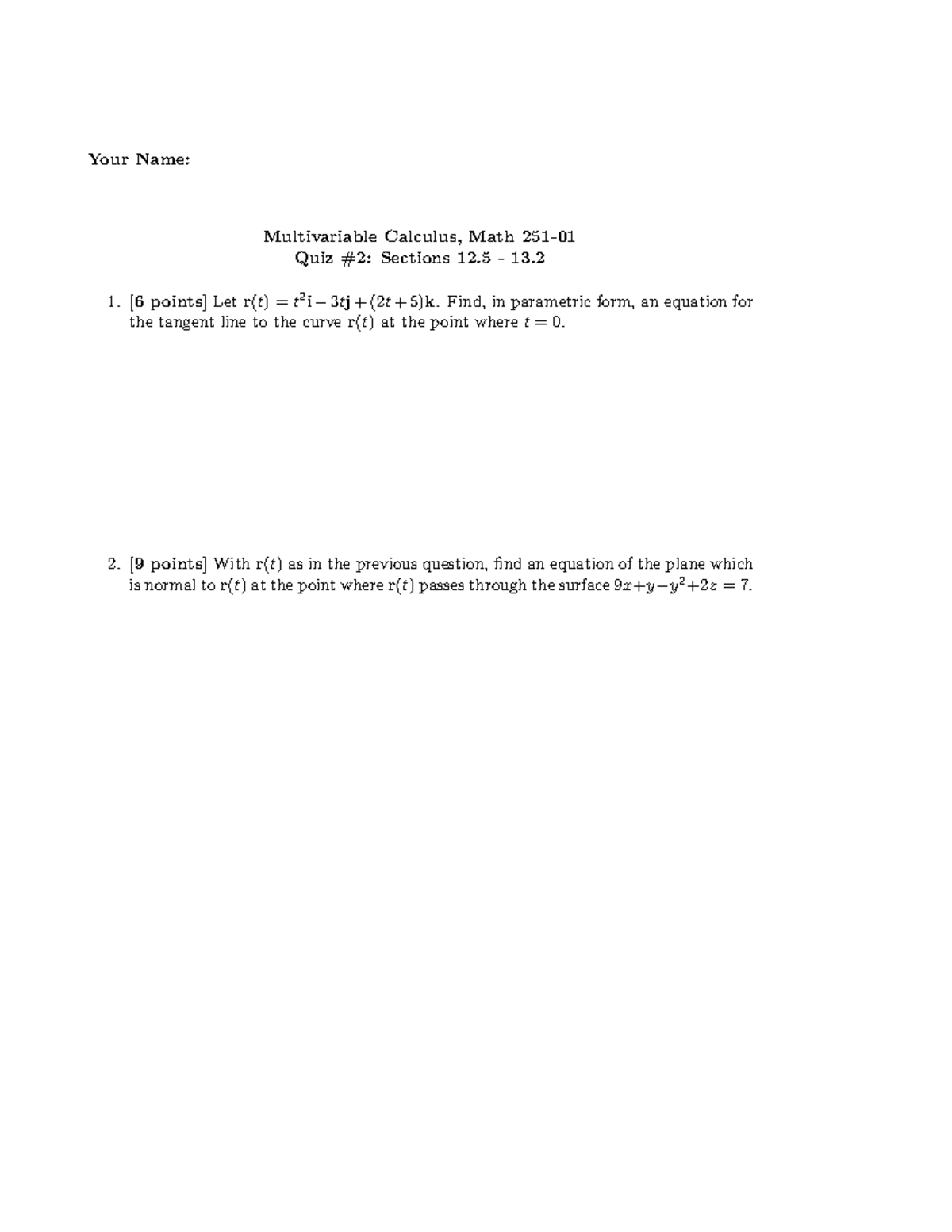 Multivariable Calculus Quiz #2: Tangent Line & Normal Plane - Studocu