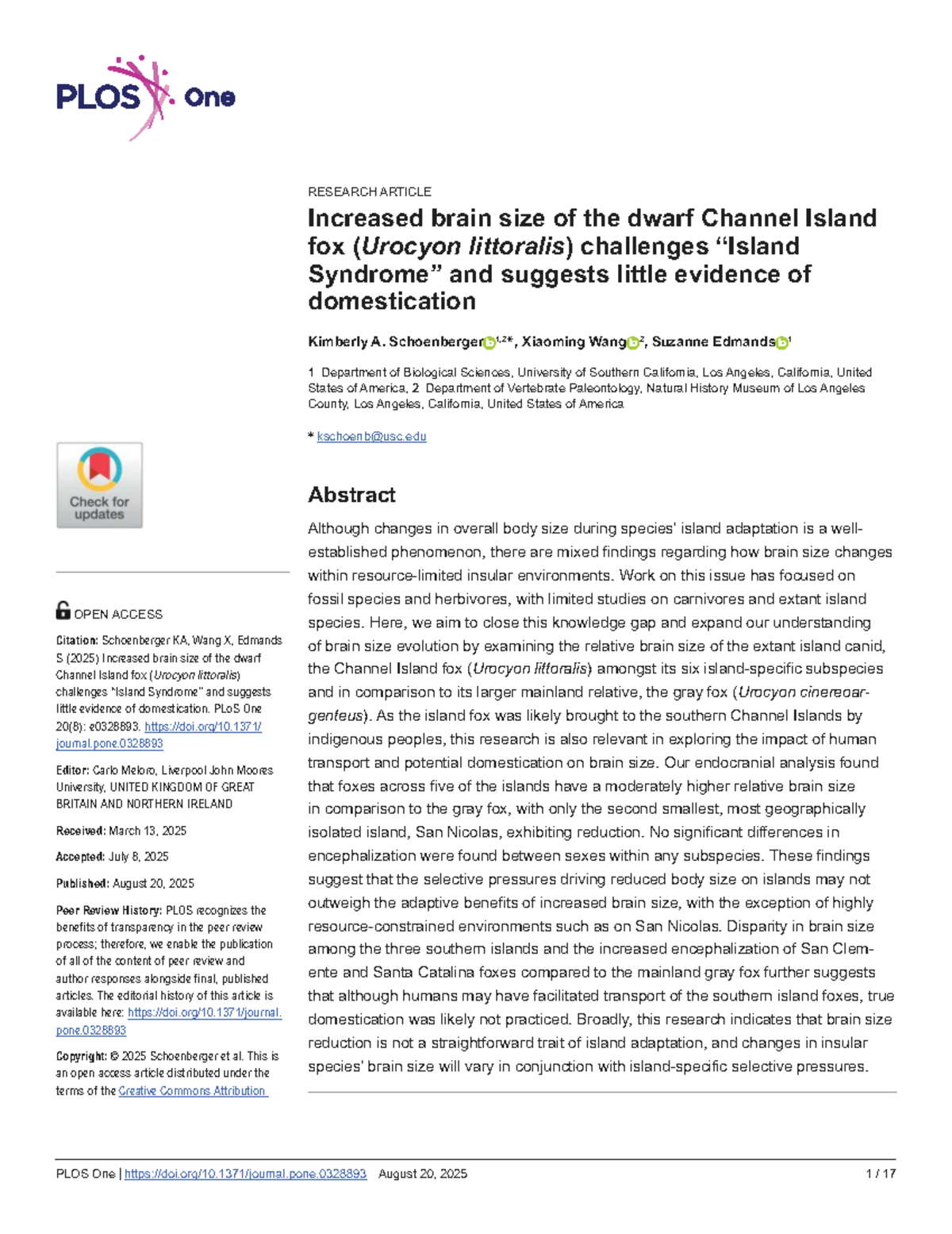 Increased Brain Size in Dwarf Channel Island Fox (Urocyon littoralis ...