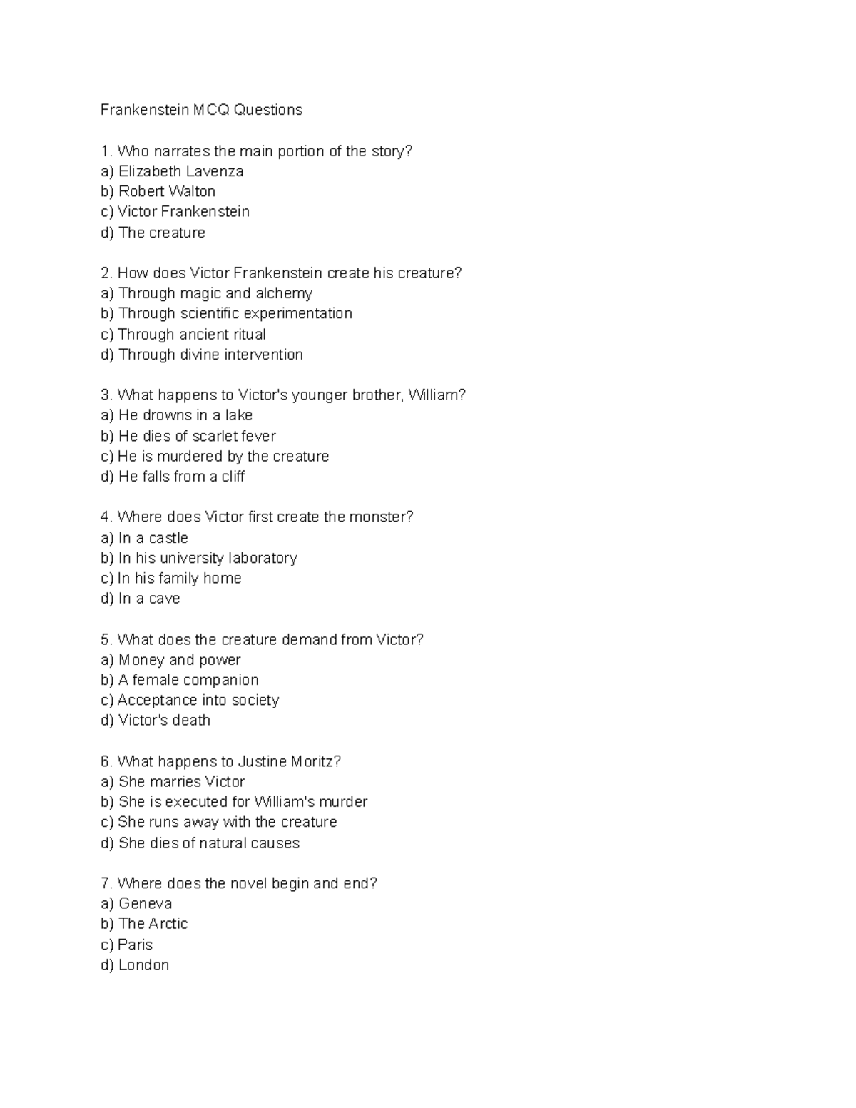 Frankenstein MCQ Quiz Questions and Answers for Analysis - Studocu