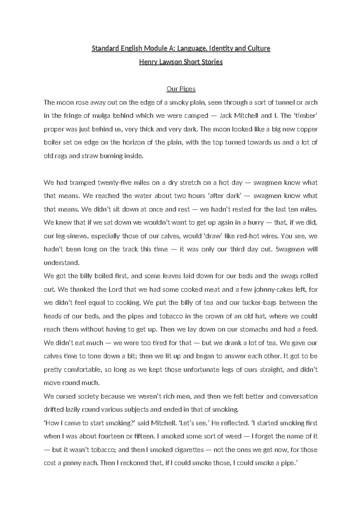 Lawson Short Stories: Language, Identity & Culture (Module A) - Studocu