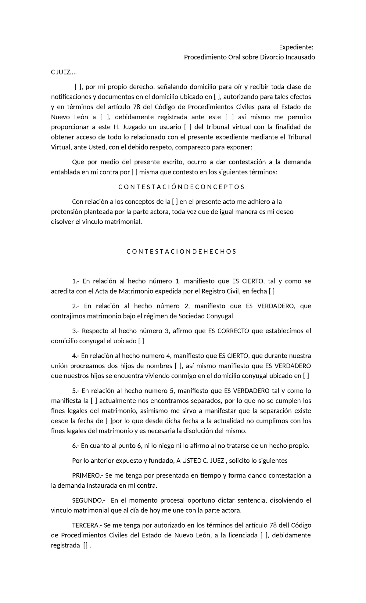 Contestación a Demanda de Divorcio Incausado - Procedimiento Oral - Studocu