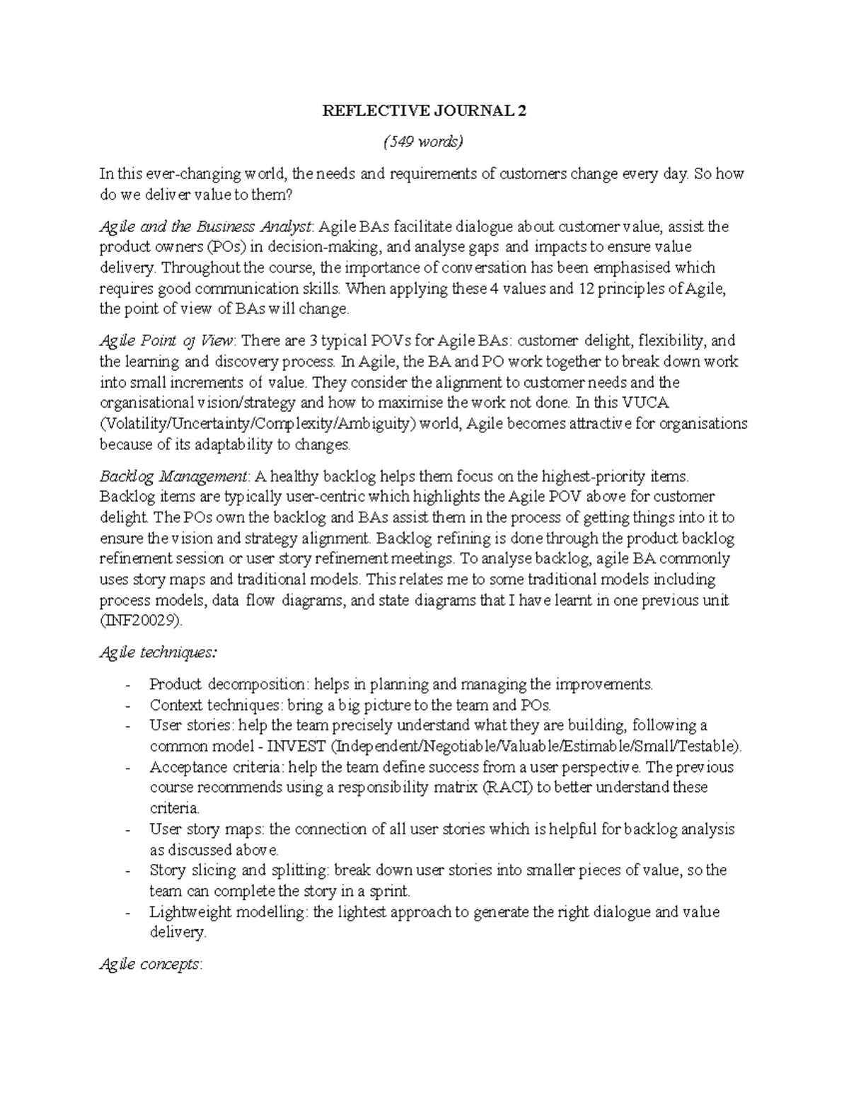 Reflective journal on INF30034 agile method for business analysis - Studocu