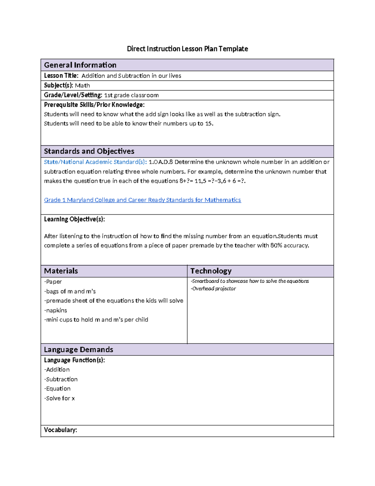 C109 Elem Mathematics Methods TASK 1 - Direct Instruction Lesson Plan Template General ...