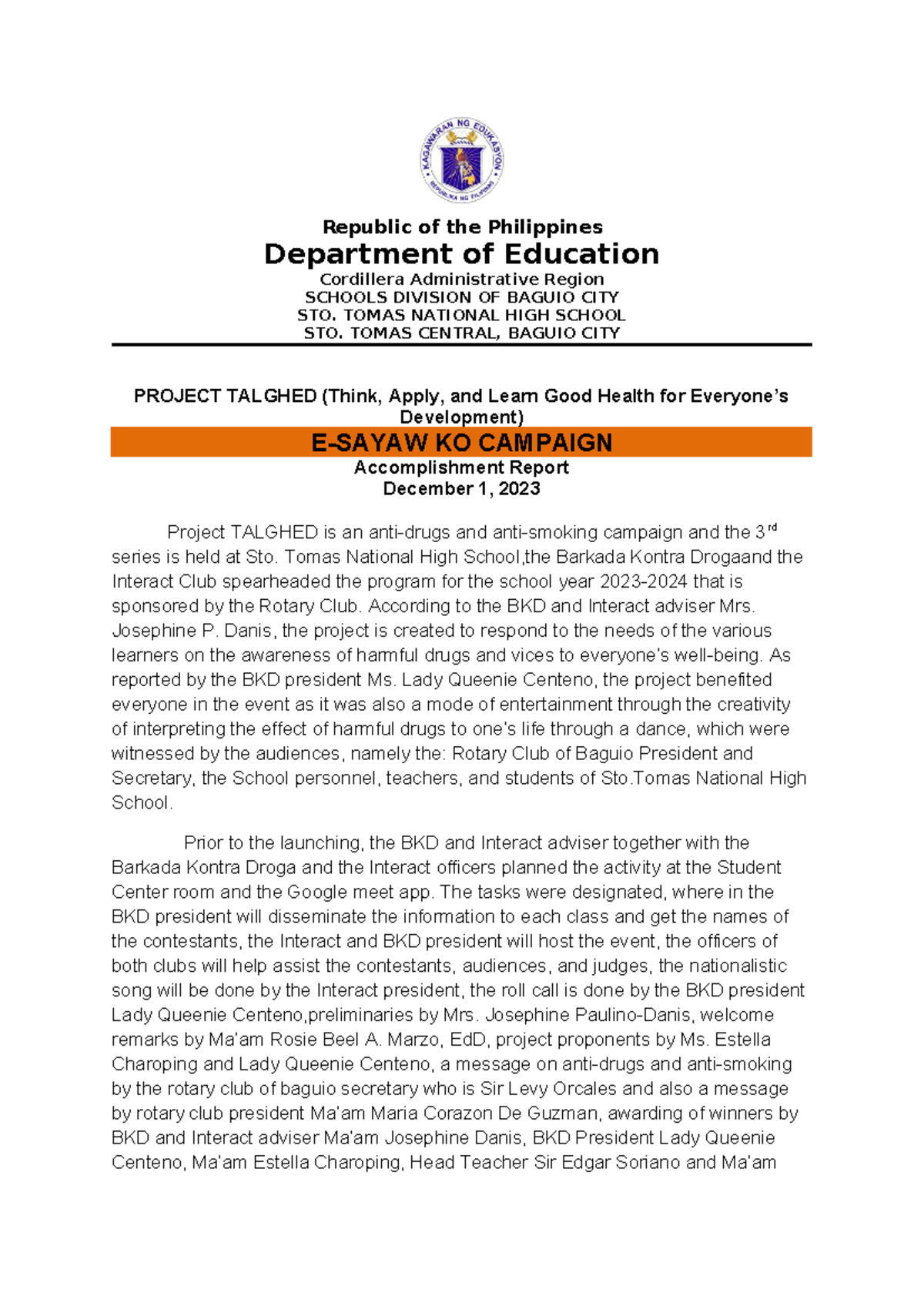 Accomplishment Report: Project TALGHED Ko Campaign 2023 - Studocu