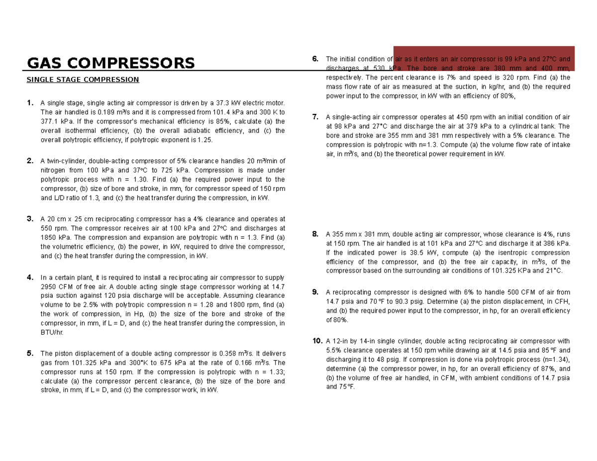 Gas Compressor Study Notes (ENGR 21): Single Stage & Polytropic ...
