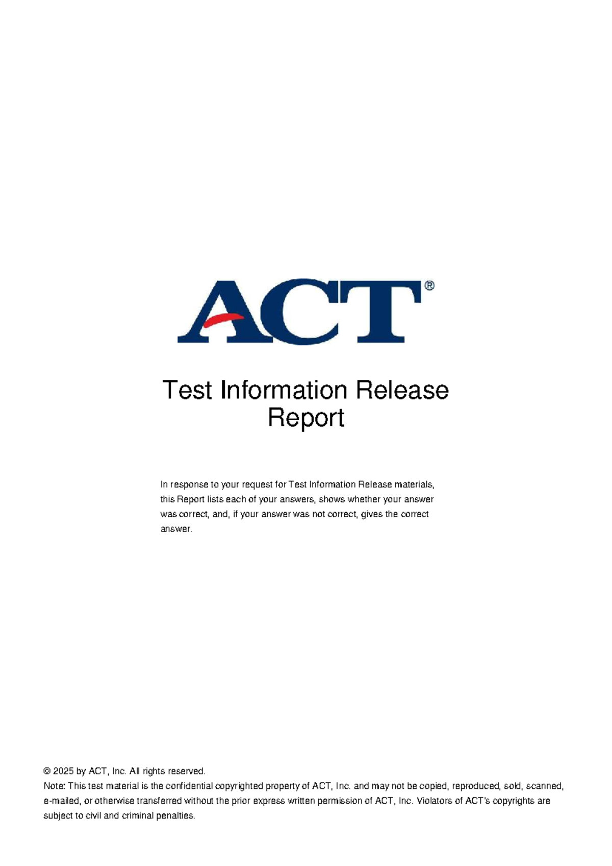 ACT Test Information Release Report: Answer Key & Corrections - Studocu