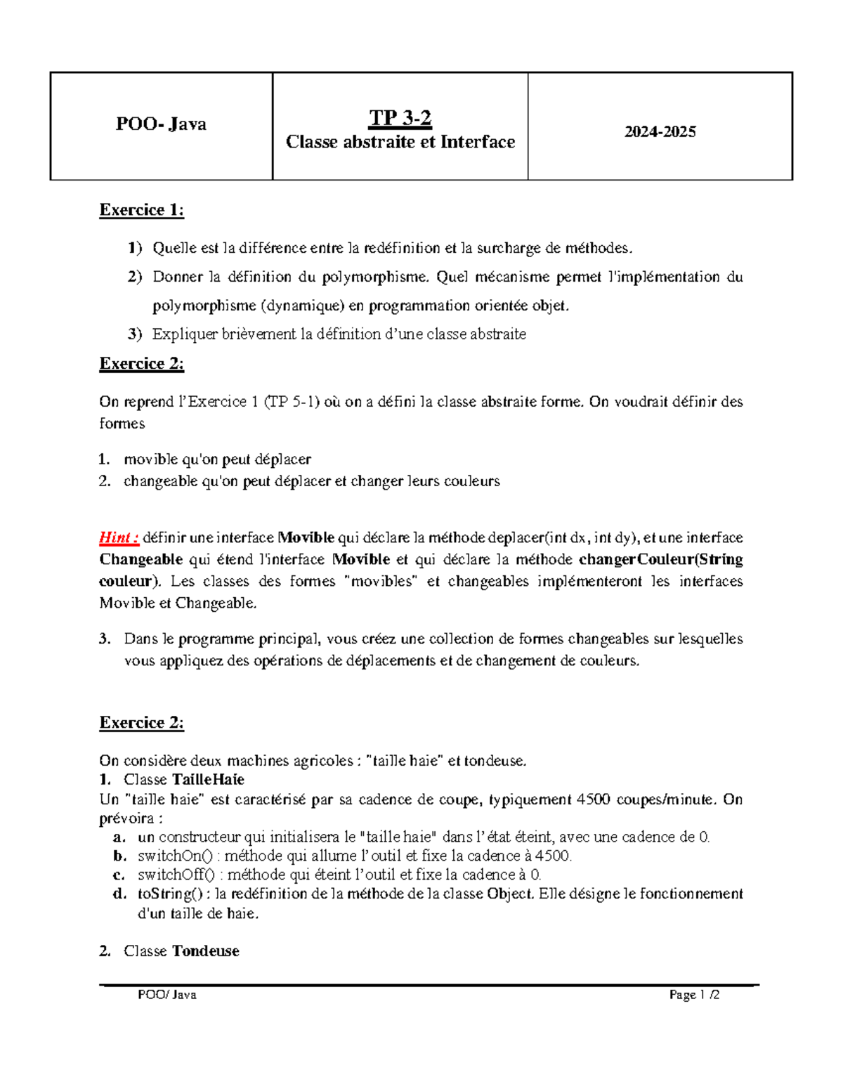 TP3 2-POO-Classe abstraite et interface - POO- Java TP 3 - 2 Classe abstraite et Interface 2024 ...