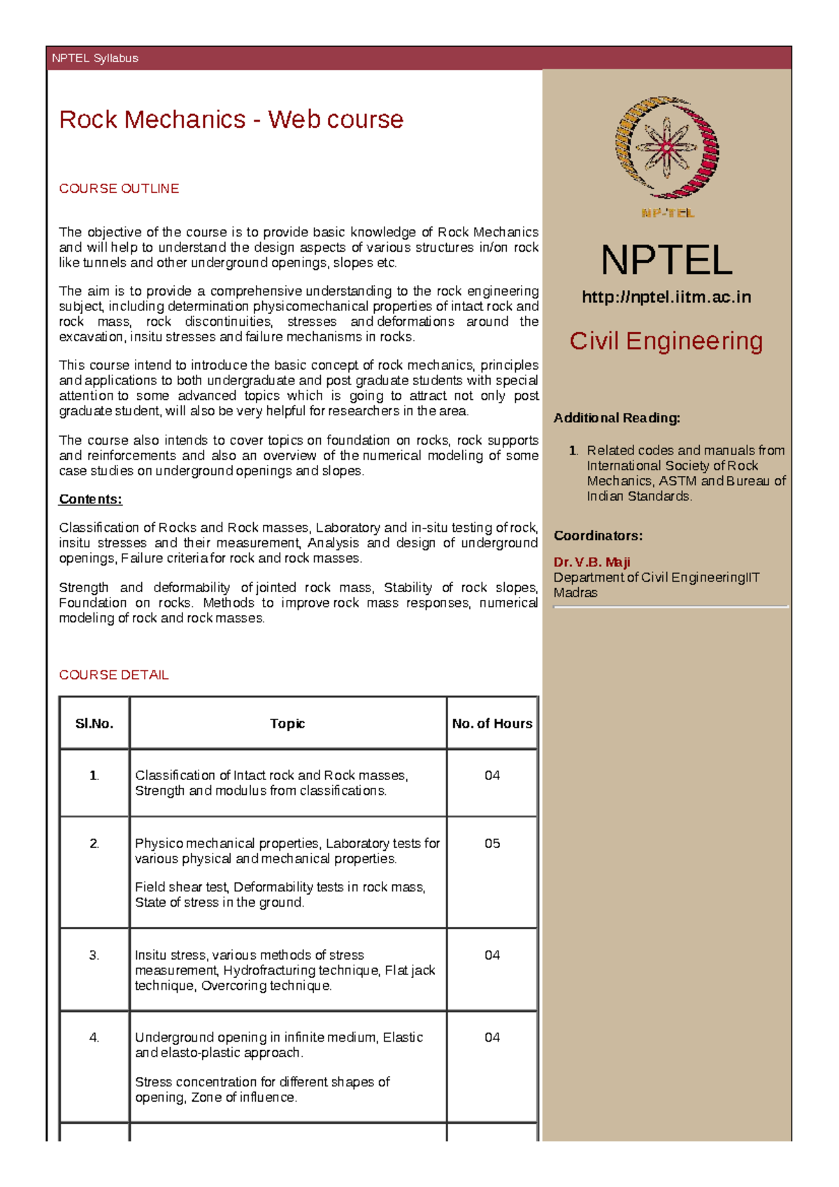 NPTEL Civil Engineering: Rock Mechanics Course Outline - Studocu