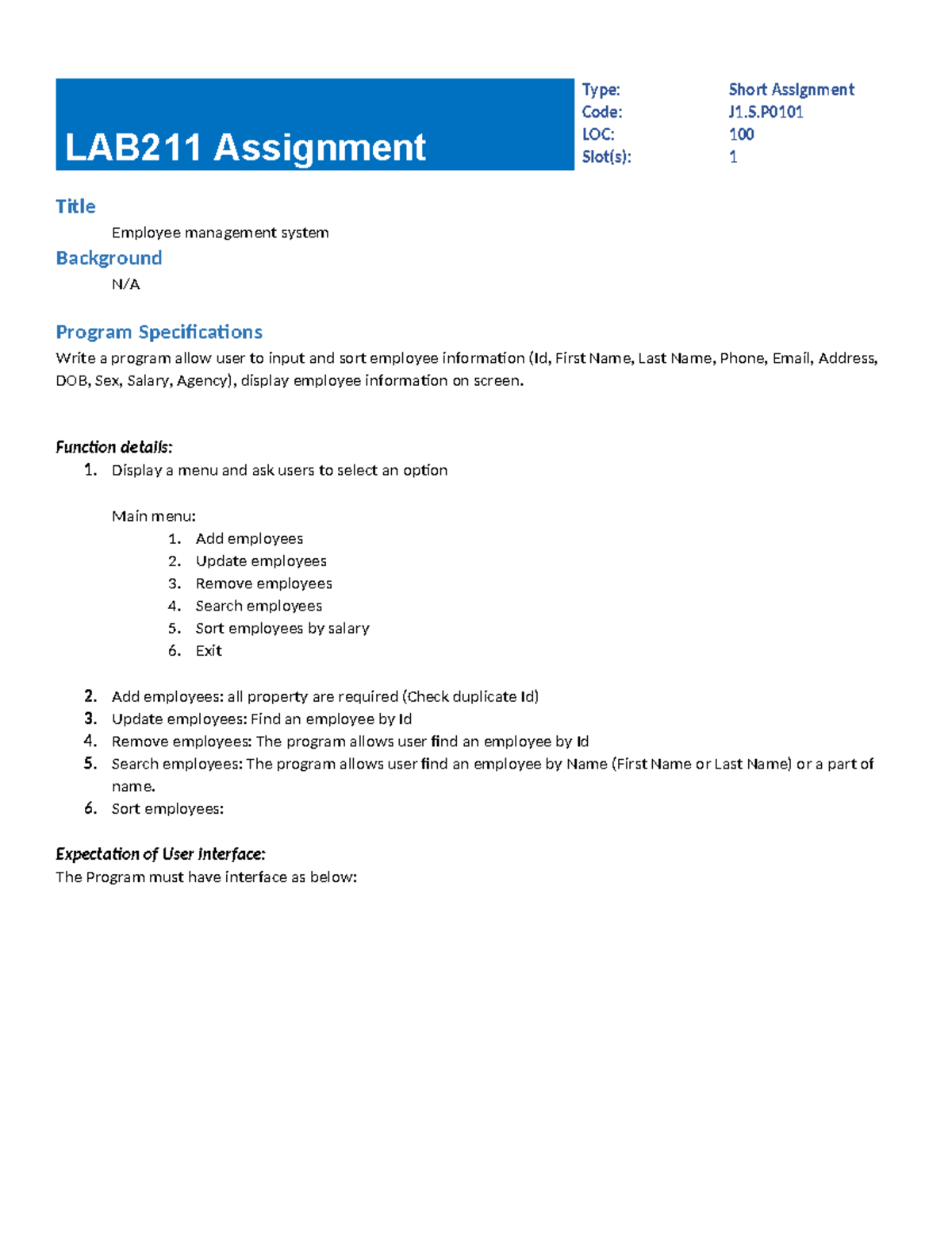 LAB211 - Employee Management System Short Assignment Overview - Studocu