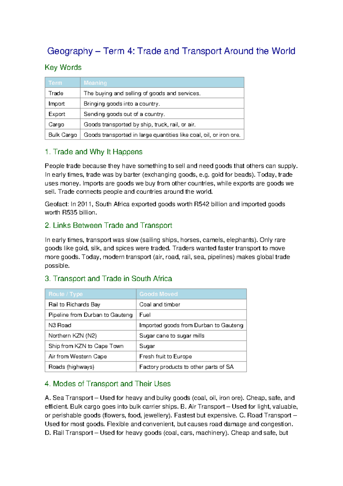 Grade 8 Geography Term 4: Trade & Transport Overview - Studocu