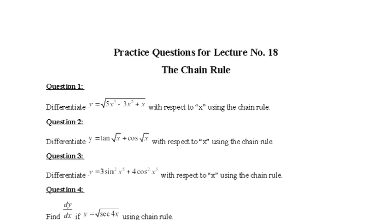 Practice Questions for Lecture No 18 - Calculus - 18 The Chain Rule ...