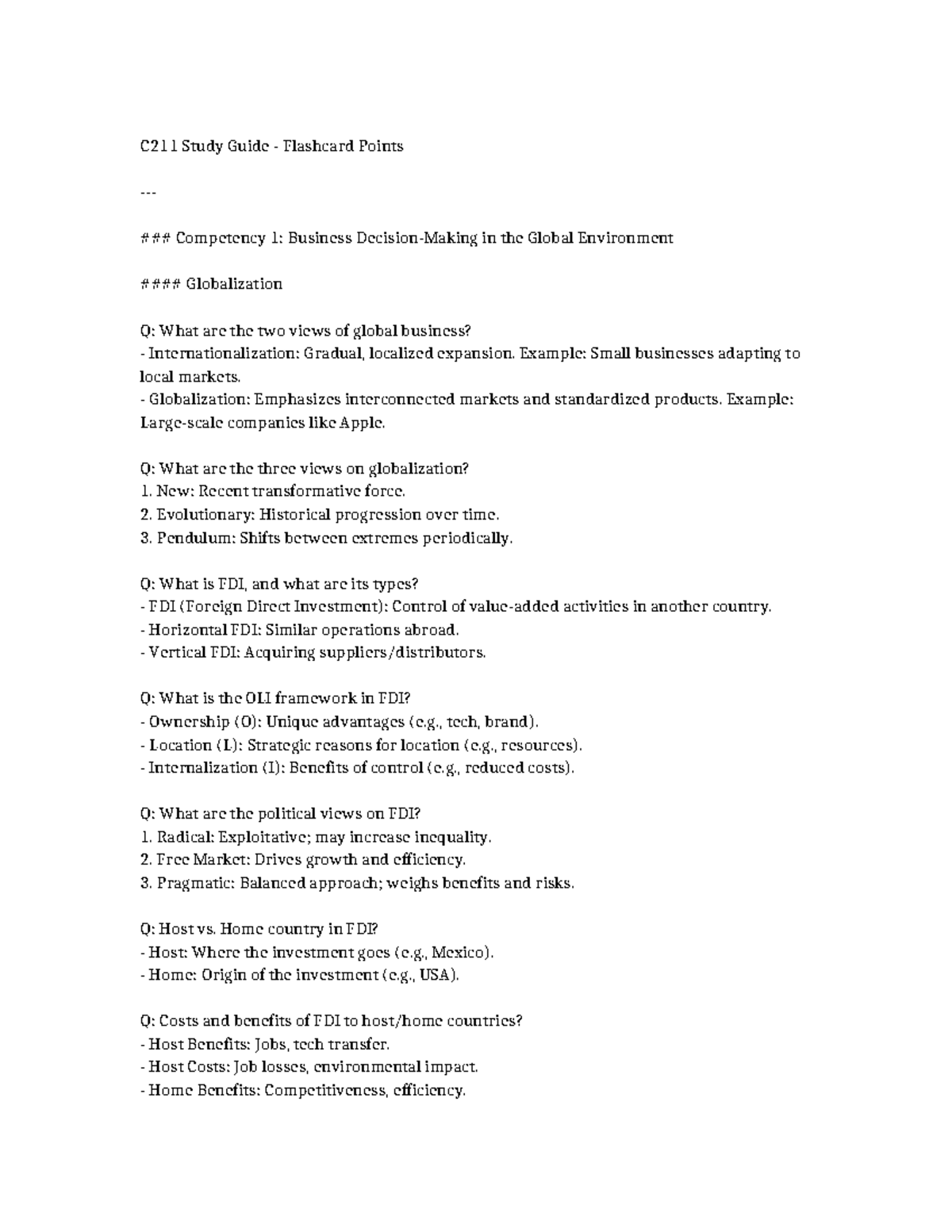 C211 Study Guide: Key Flashcard Points on Global Business & Trade - Studocu