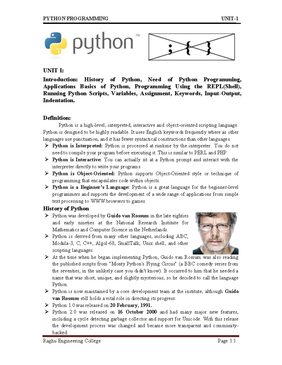 PYTHON PROGRAMMING UNIT I: Intro to Python, History, and Basics - Studocu