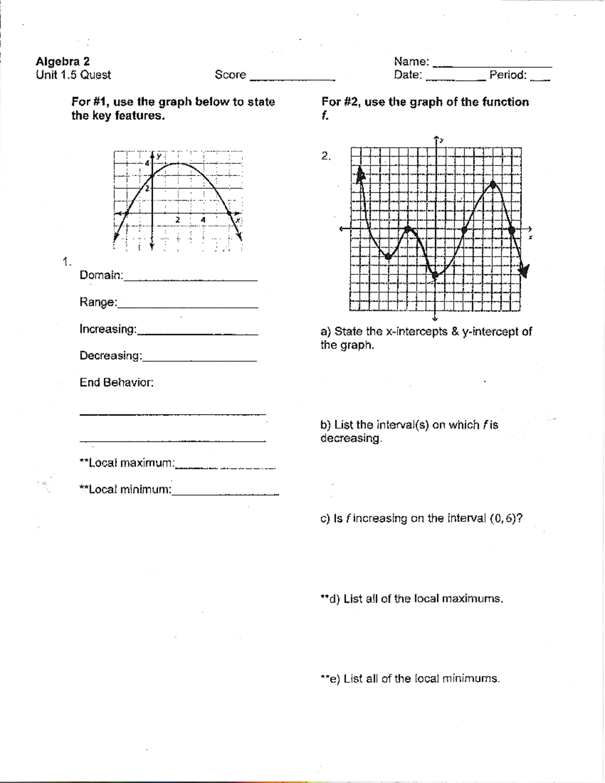Algebra 2 Unit 1.5 Quest: Key Features of Graphs - Studocu