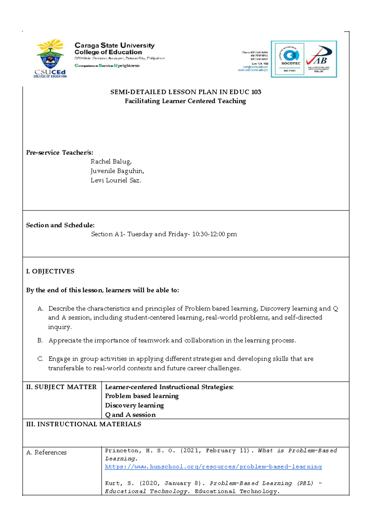 Lesson Plan for EDUC 103: Facilitating Learner-Centered Teaching - Studocu