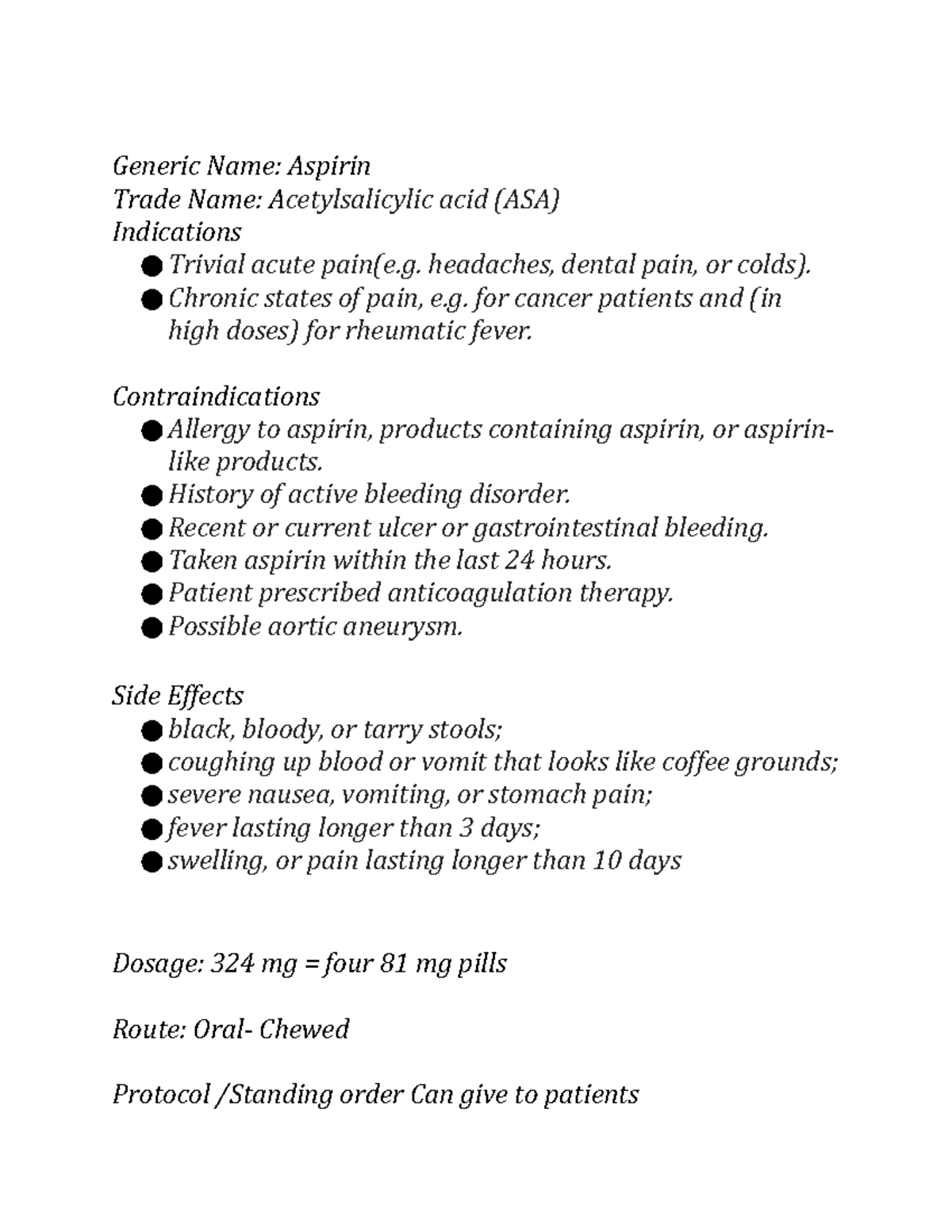 EMT must know meds-Aspirin - Generic Name: Aspirin Trade Name ...