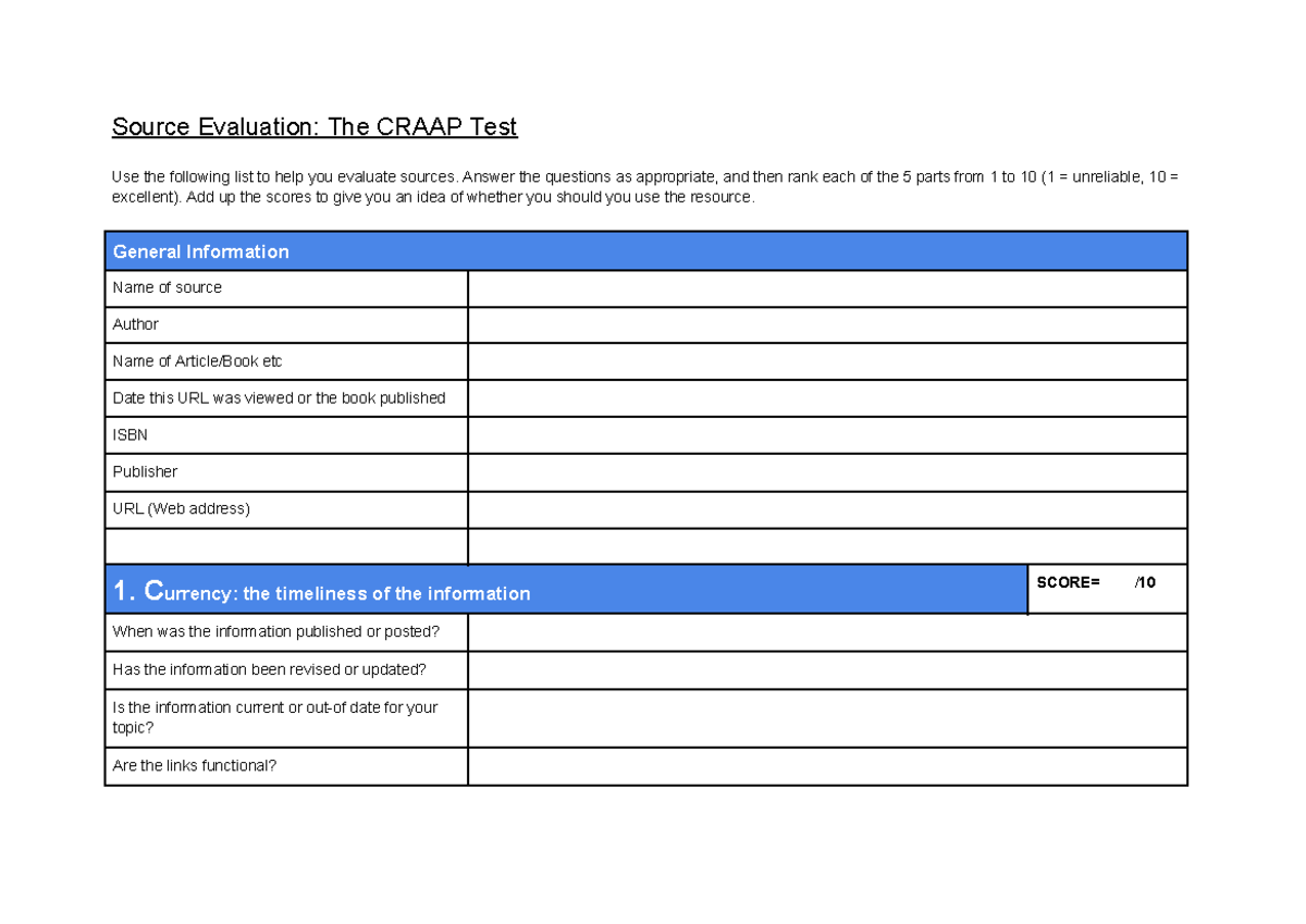 Evaluating Sources with the CRAAP Test: A Guide for Research - Studocu