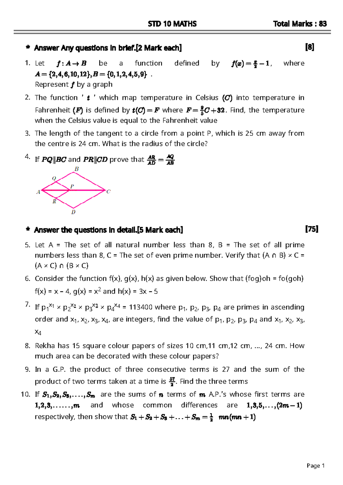 STD 10 MATHS - Worksheet on Functions and Geometry Problems - Studocu