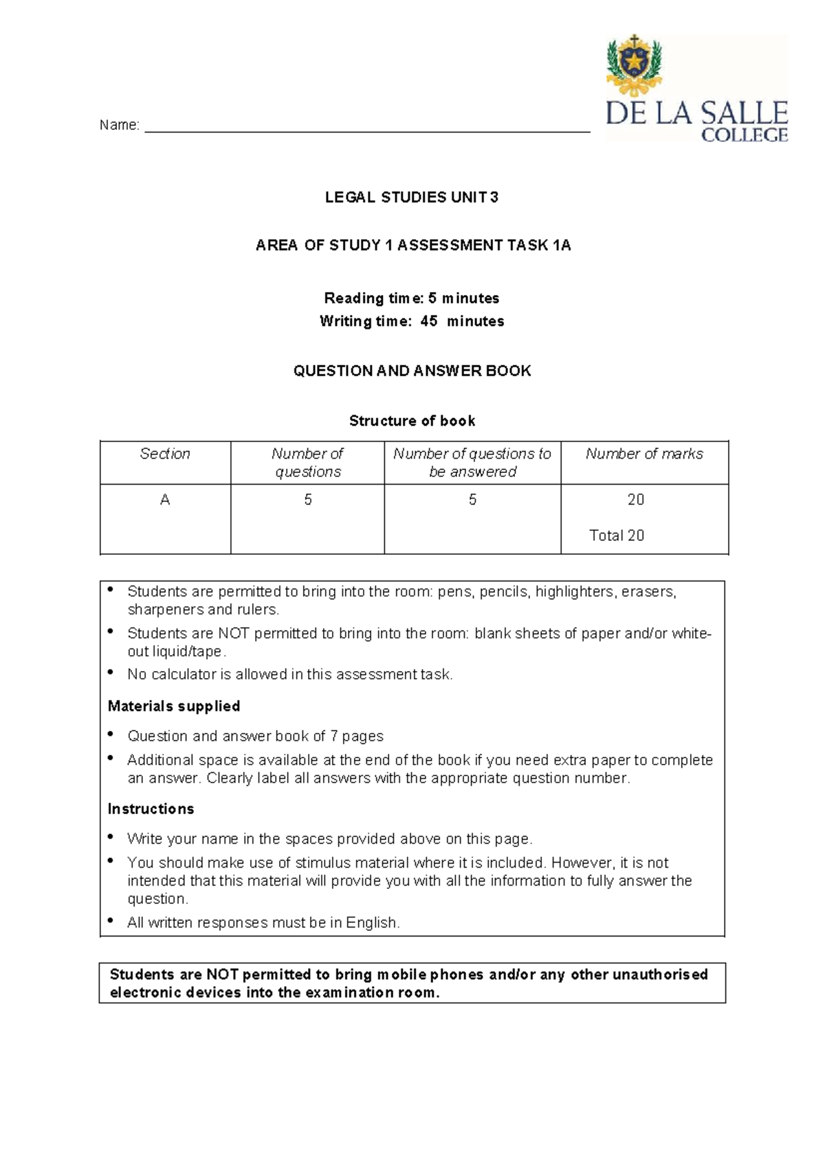 SAC1A 2024 - Legal Studies Unit 3 AOS1A Assessment Task 1A Guide - Studocu