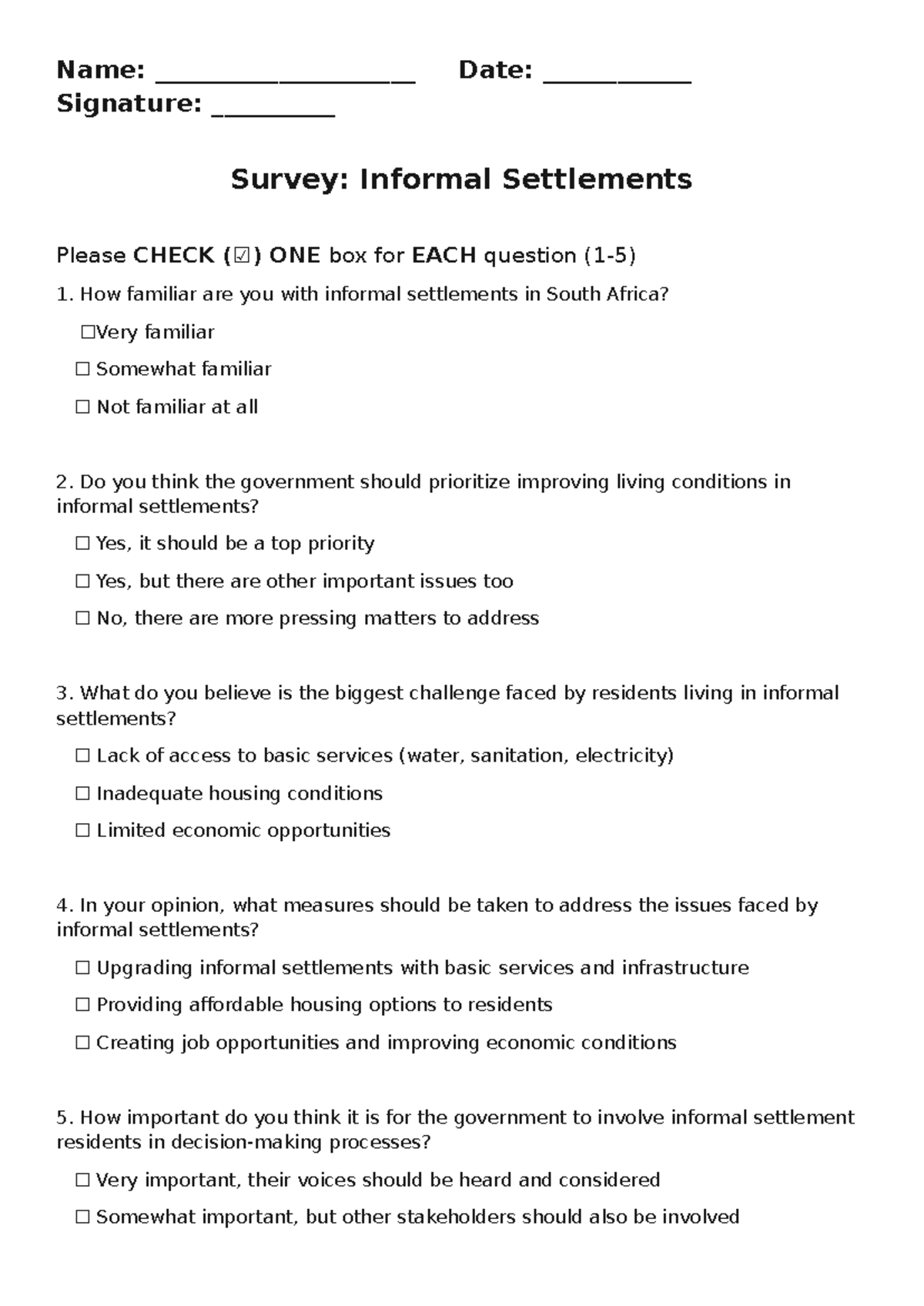 Survey Questionnaire on Informal Settlements Issues - Studocu