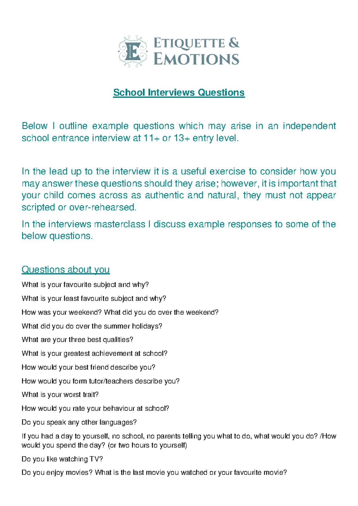 Independent School Interview Questions Guide - Studocu