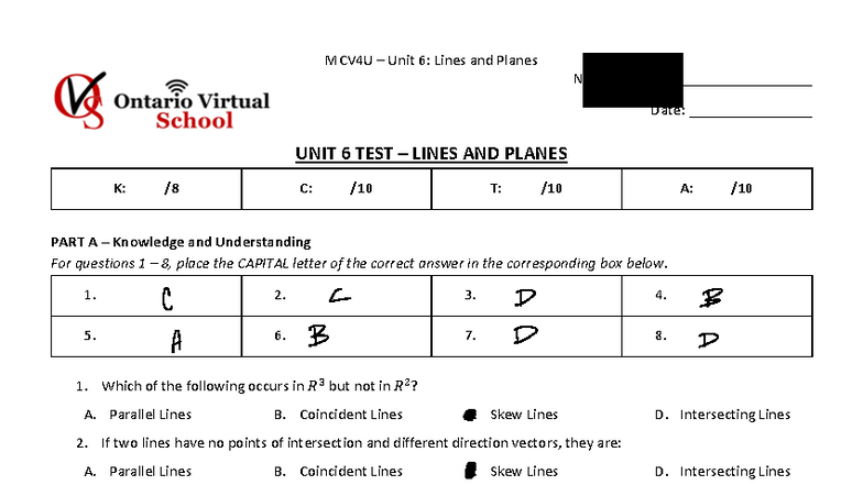 MCV4U Unit 6 Test: Lines and Planes Answers - Studocu