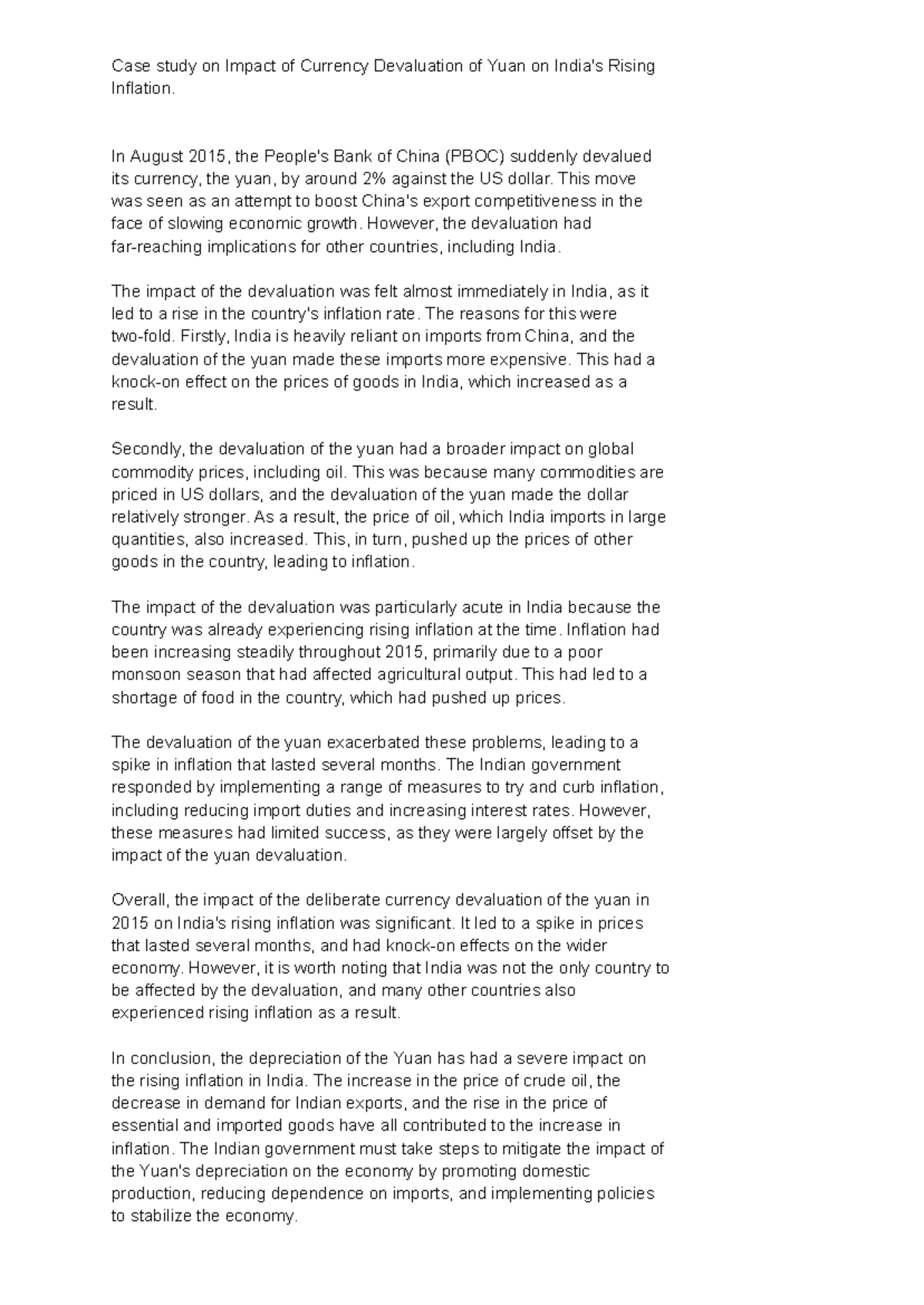 Case Study: Yuan Devaluation's Effect on India's Inflation Trends - Studocu