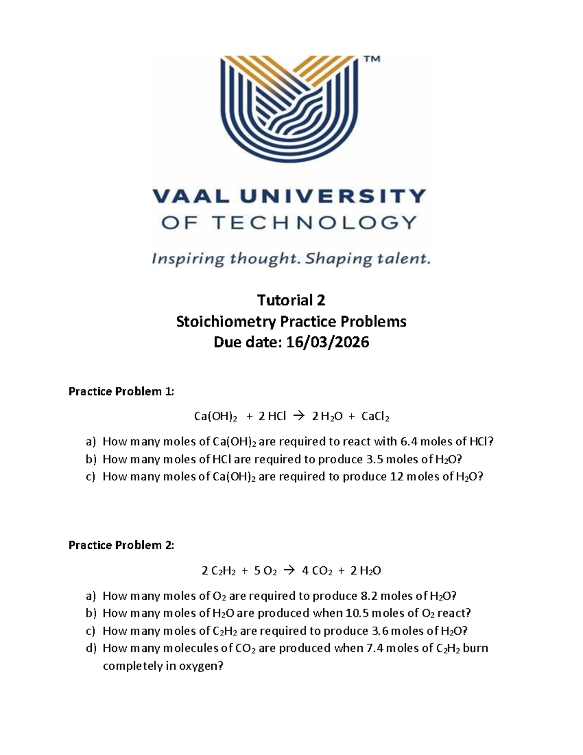Tutorial 2 - Stoichiometry Practice Problems for 2025 Exam - Studocu
