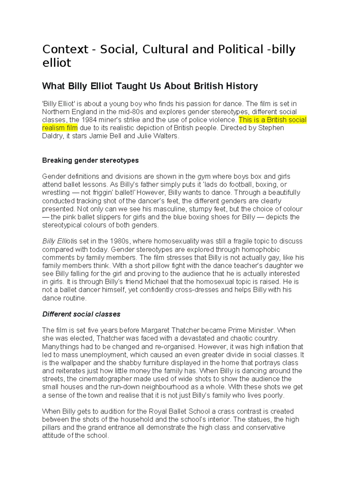 Contextual Analysis of "Billy Elliot": Themes of Class & Gender - Studocu