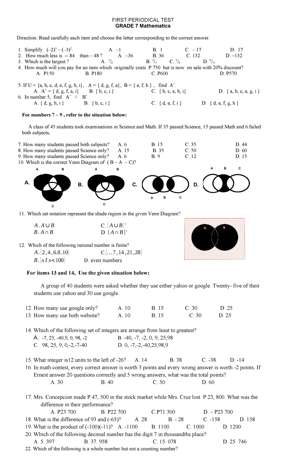 PT Mathematics 7 Q1 - First Periodical Test Review and Practice - Studocu