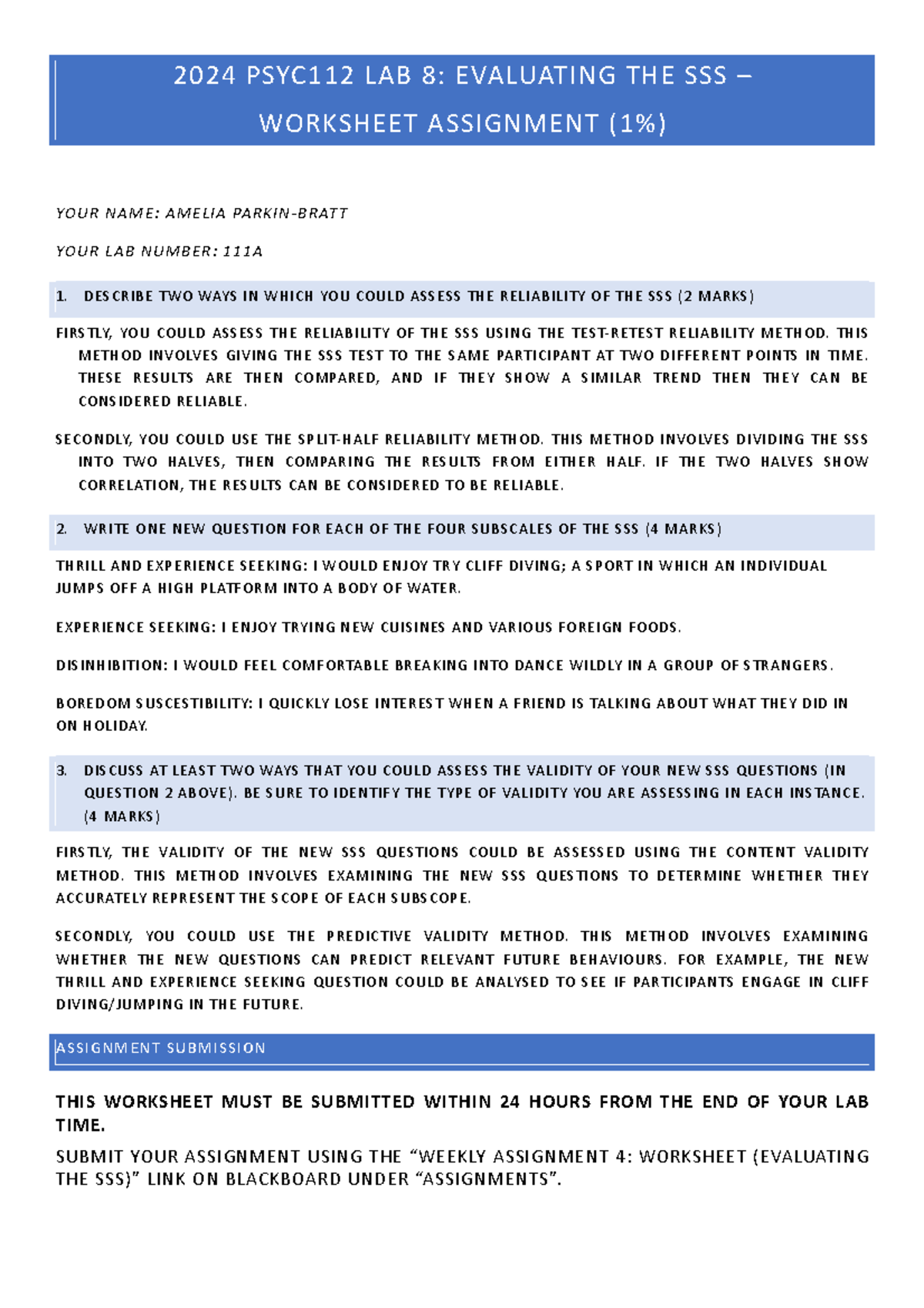 PSYC112 Lab 8 Worksheet: Evaluating the SSS Reliability & Validity ...