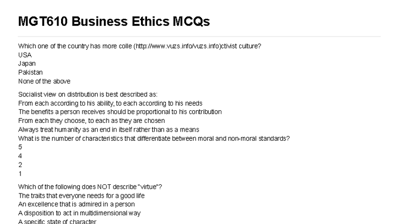 MGT610 Business Ethics: Multiple Choice Questions Review - Studocu