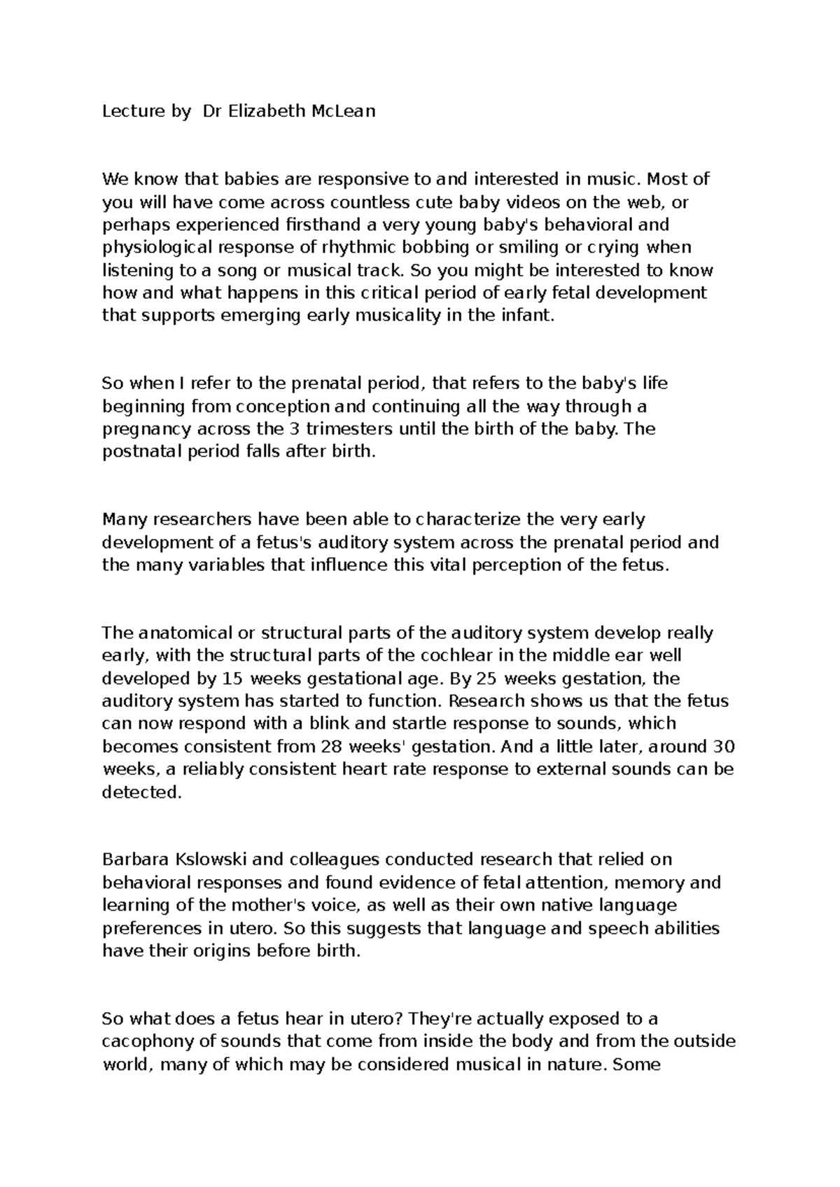 Lecture: Prenatal Music Perception and Infant Development by Dr. McLean ...