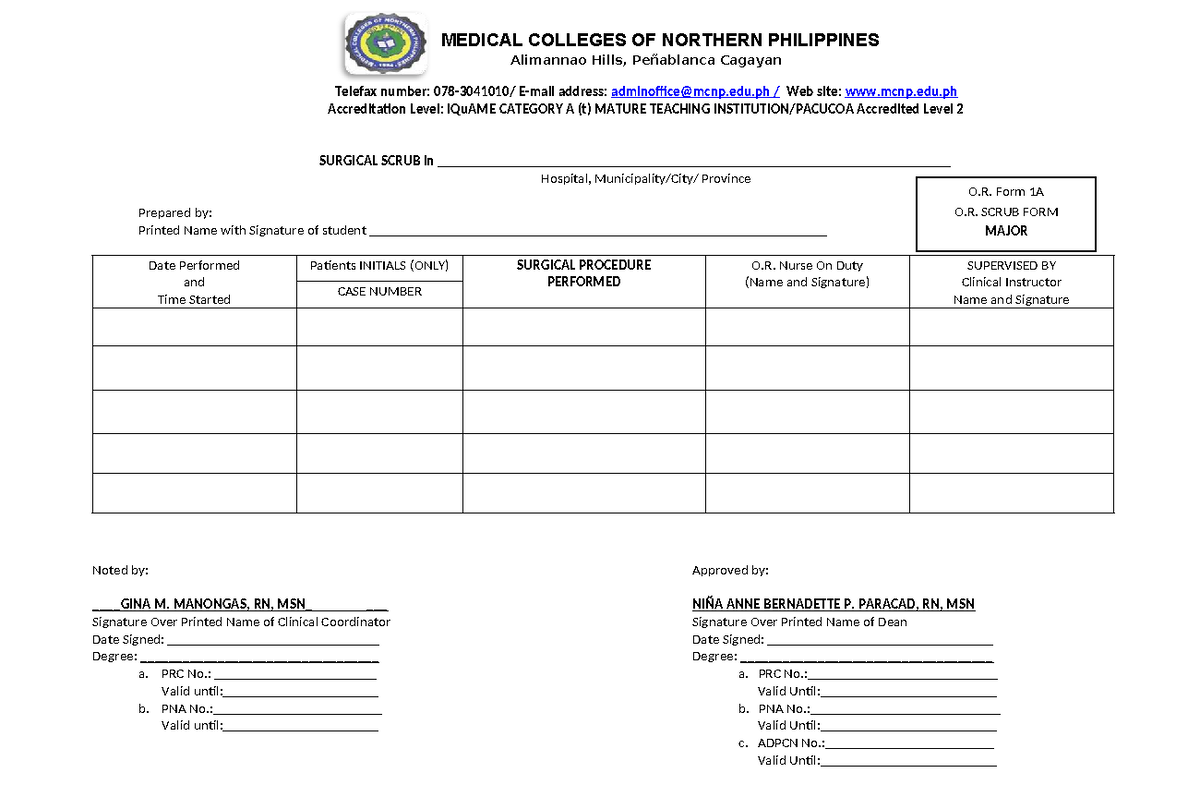 PRC Forms for Surgical Scrub & Actual Delivery - MCNP - Studocu