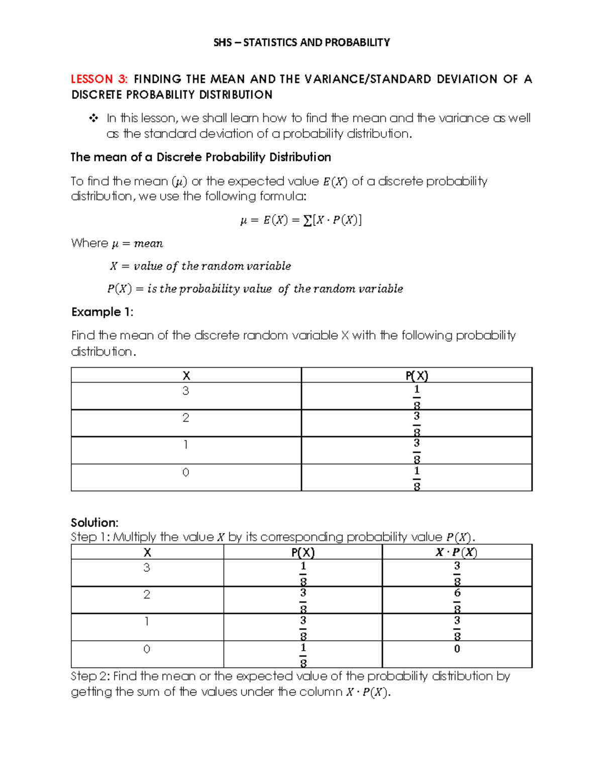 Lesson 3: Mean, Variance & Std Dev of Discrete Prob. Dist. - Studocu