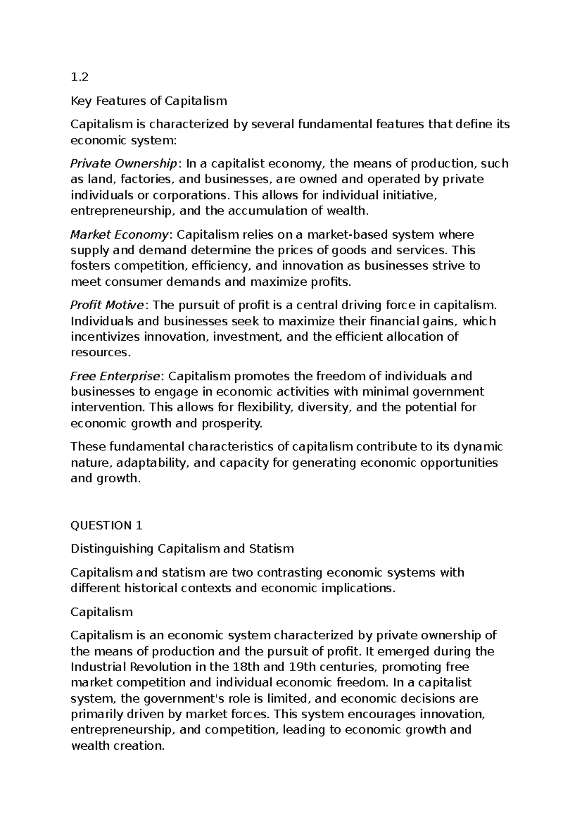 Business Ethics FA1 - jbjk - 1. Key Features of Capitalism Capitalism ...