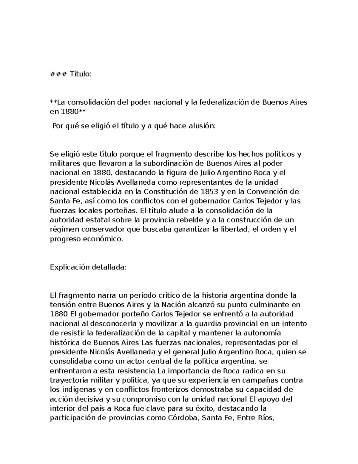 Consolidación del Poder Nacional en Argentina (1880) - Studocu