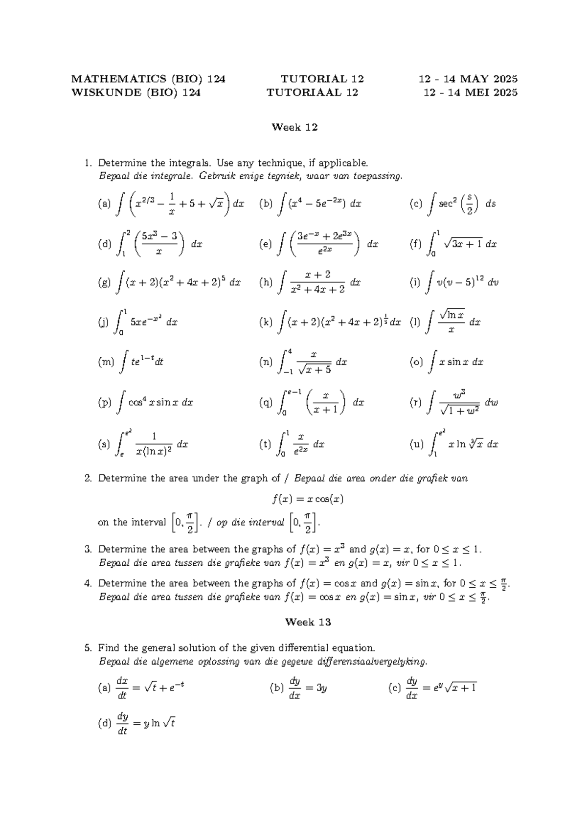 MATHEMATICS (BIO) 124: Tutorial 12 Solutions and Exercises - Studocu